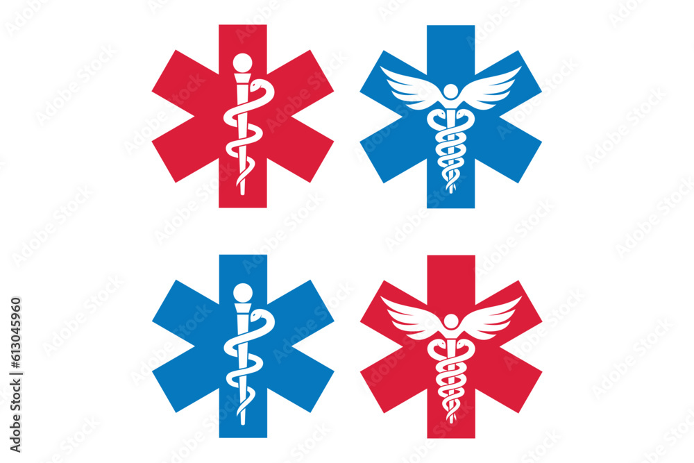 Medical symbol set red and blue Star of Life with Rod of Asclepius logo ...