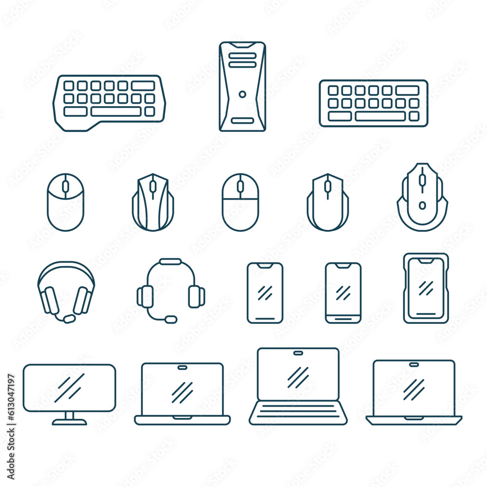 Vector ui icons for computer hardware, computer mouse headphones ...