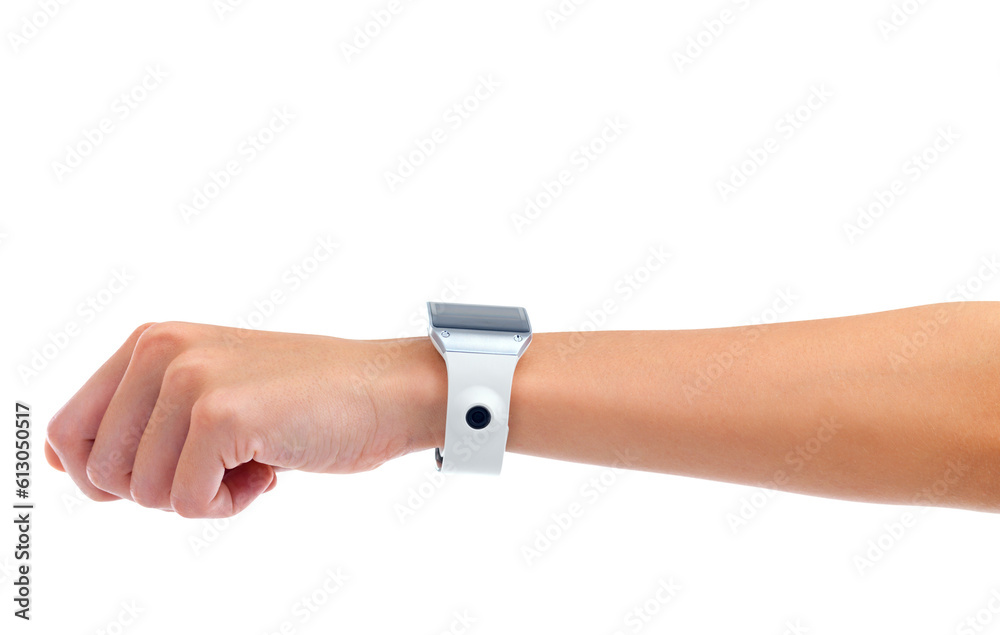 Watch, fist bump and hand with technology, time and web isolated on a ...