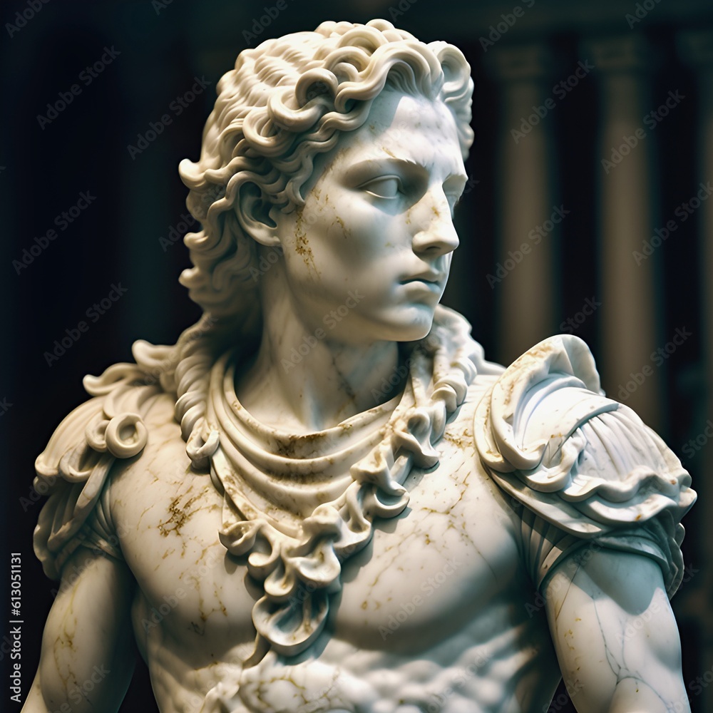 Image of a white marble statue bust of a roman soldier or the demigod ...