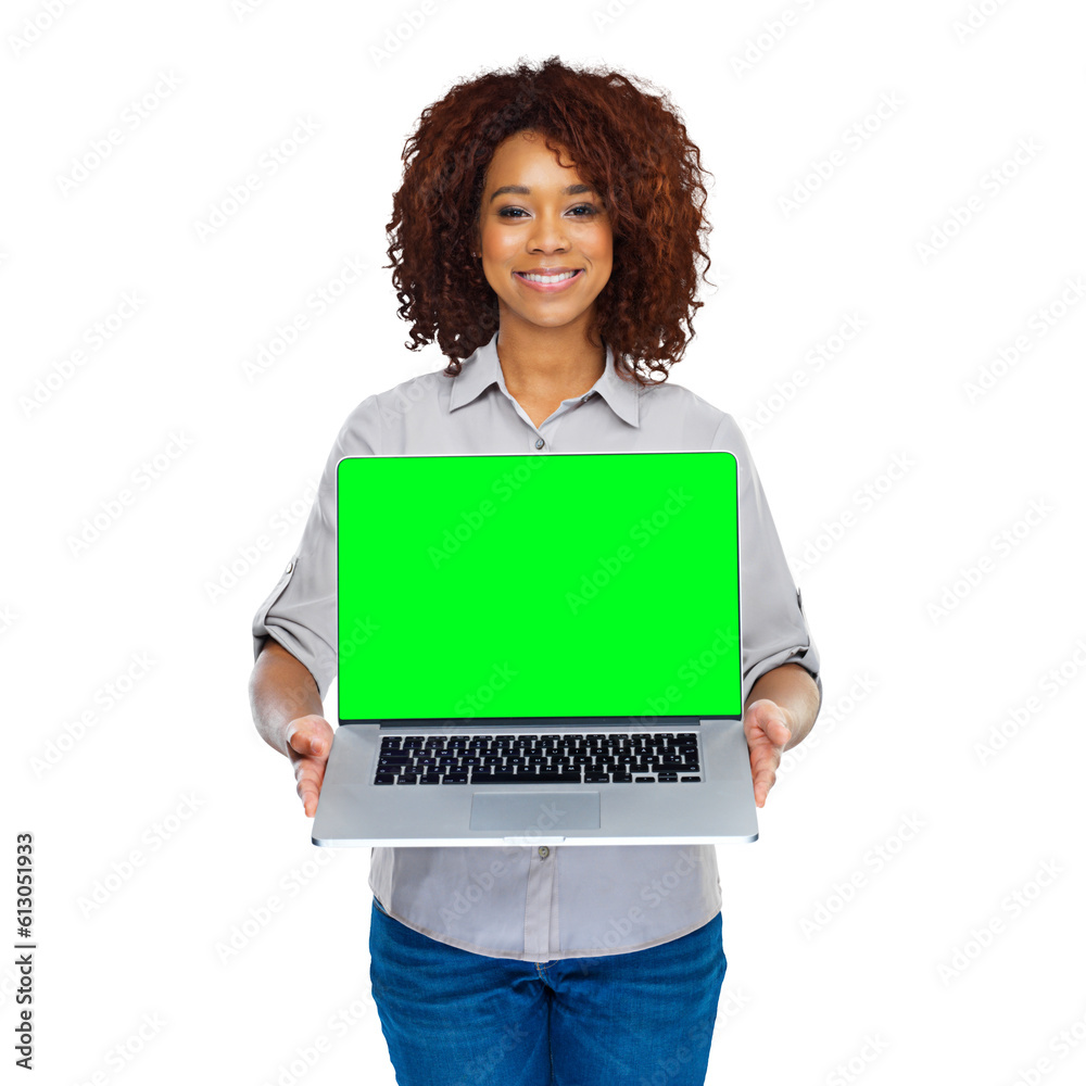 Portrait of happy woman with laptop, green screen and website info ...