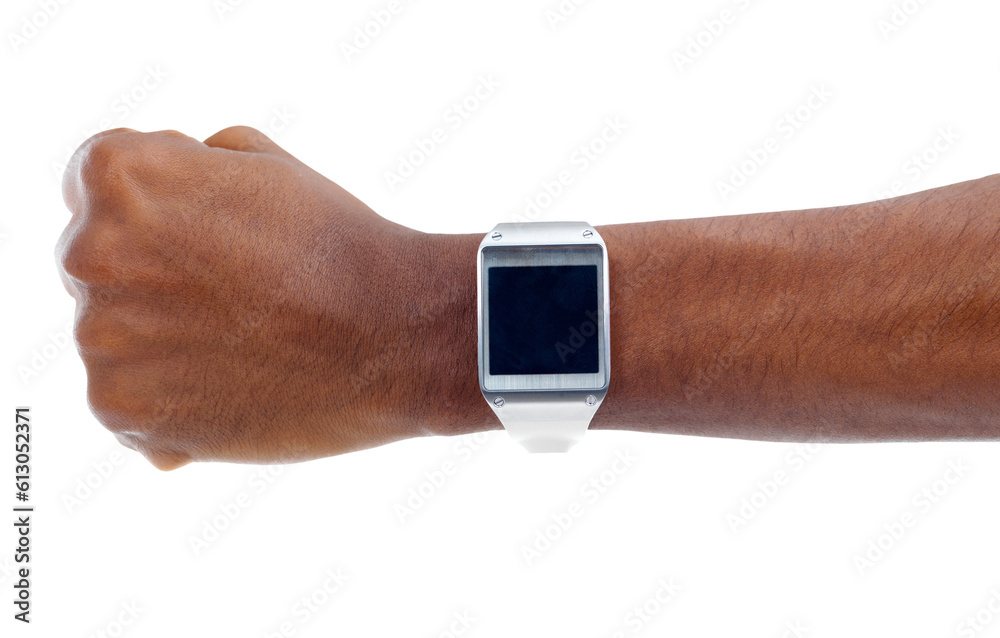 Arm, watch screen and tech with time, hand and design isolated on a ...