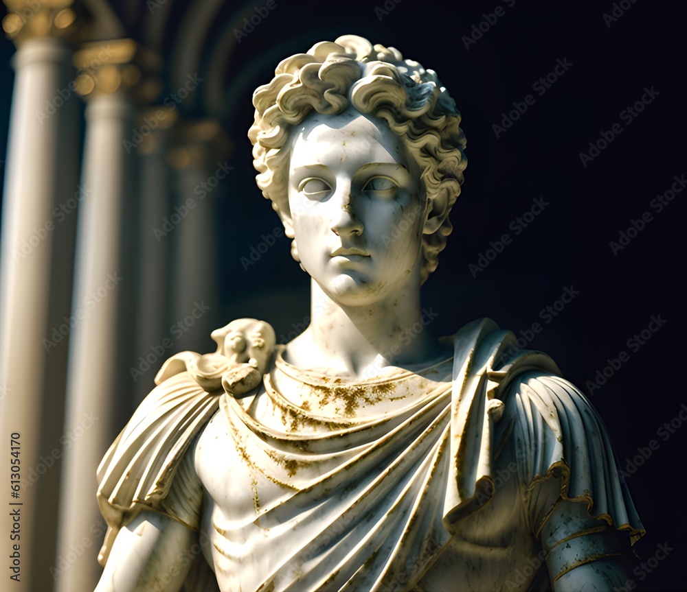 A generative ai image of a white marble statue bust of a roman soldier ...