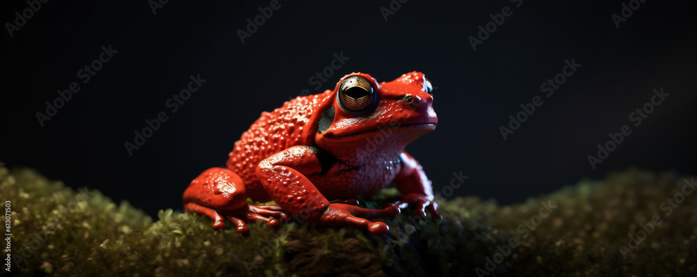 ภาพประกอบสต็อก Red frog on a black background. Red frog on a dark ...
