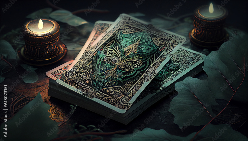 Green tarot cards with different mystical objects on white wood ...