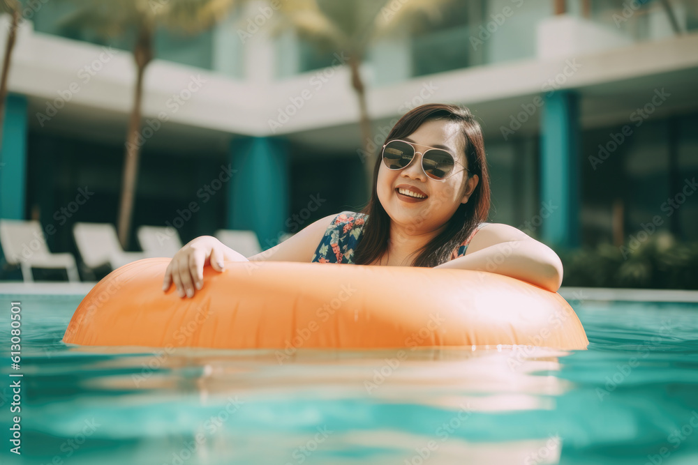 Happy asian plus size woman in a pool with ring float. Generative AI ...
