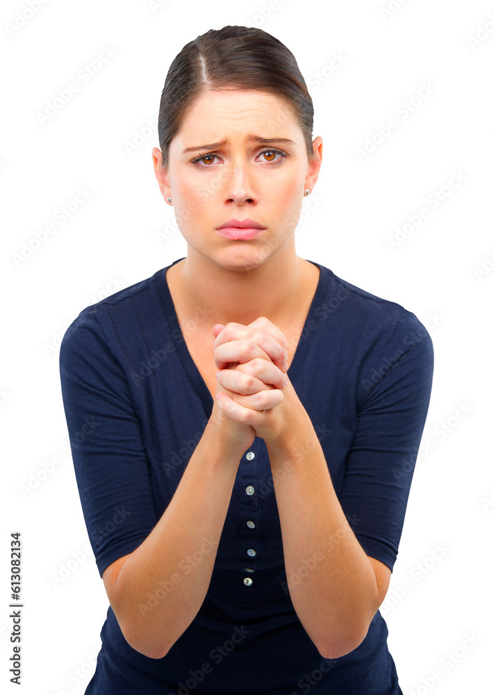 Praying, portrait and sad woman asking for help, hope and support ...
