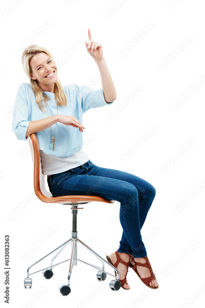 Portrait, business and woman on a chair, pointing up or model isolated ...