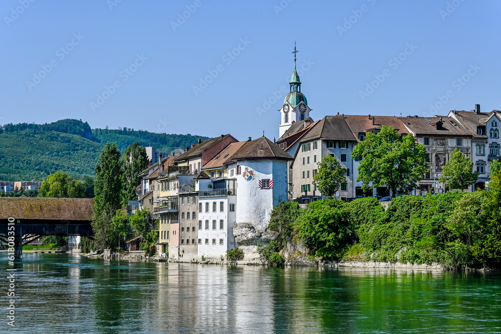 Olten, Stadt, Stadtturm, Aare, Fluss, Alte Brücke, Holzbrücke, Altstadt, Aareufer, historische ...