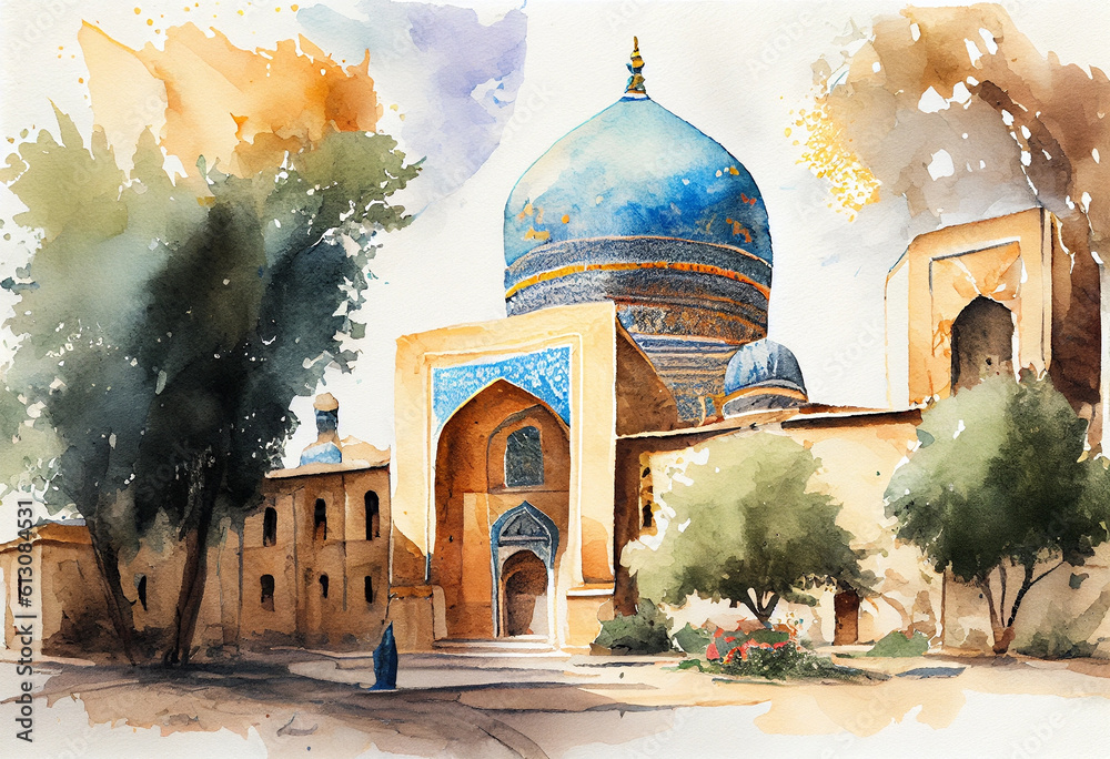 Uzbekistan architecture, fine art watercolor. AI generative content ...