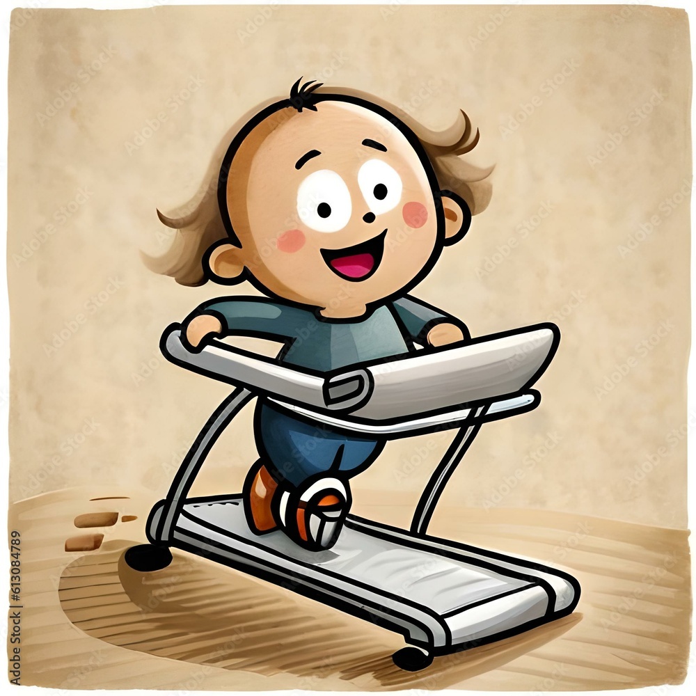 An image of a cute cartoon child running on a treadmill. (AI-generated ...