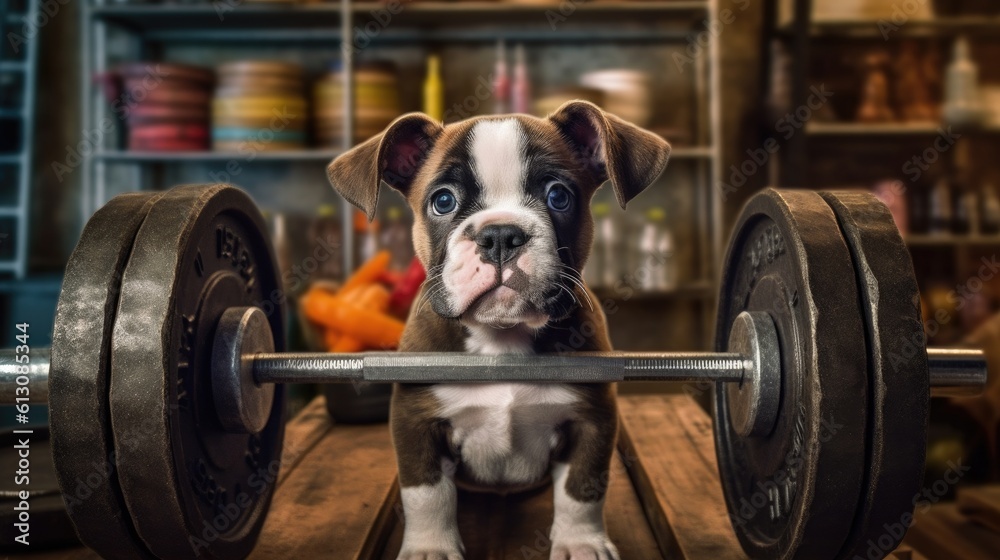 Poster An adorable unhappy puppy alongside a barbell in the gym ...
