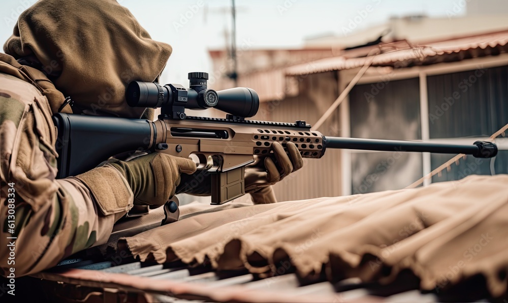 The lone sniper on the roof took aim through his scope Creating using ...