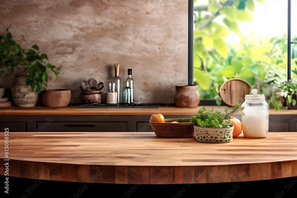 ภาพประกอบสต็อก aesthetic wood table foreground with kitchen background ...