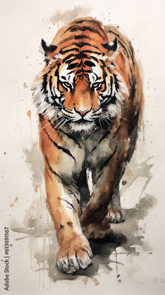 Bengal tiger, Japanese sumi-e ink and watercolour style painting. Front ...
