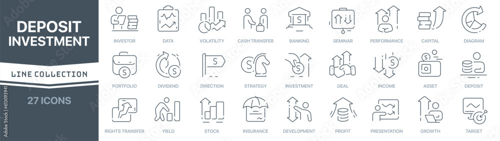 Deposit and investment linear signed icon collection. Signed thin line ...