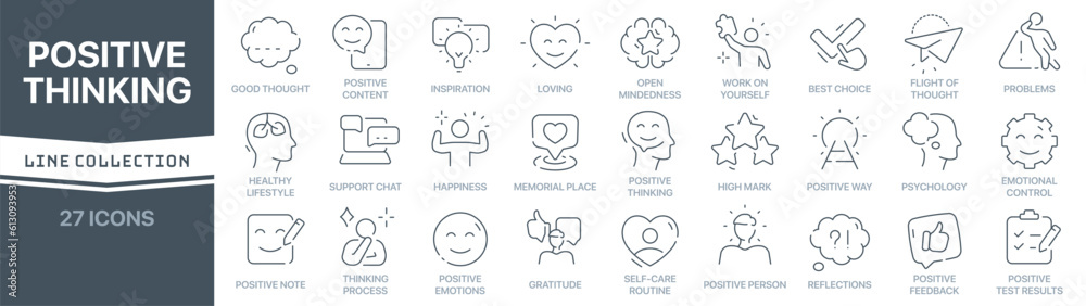 Positive thinking linear signed icon collection. Signed thin line icons ...
