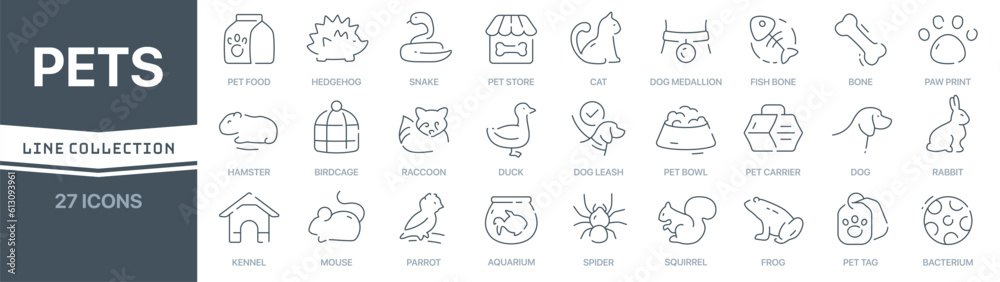 Pets linear signed icon collection. Signed thin line icons collection ...
