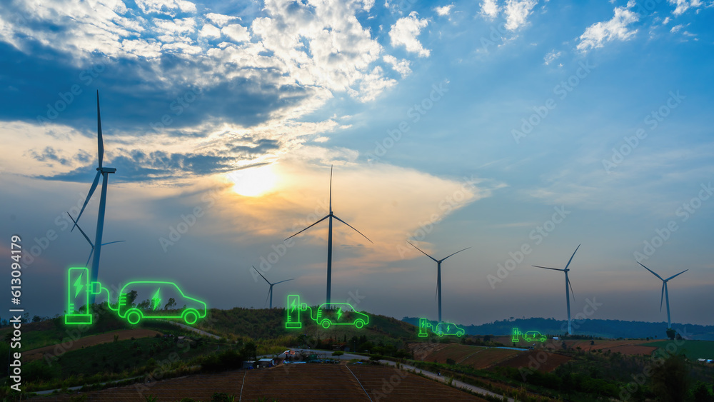 Green technology, Renewable, sustainable energy. EV car with electric ...