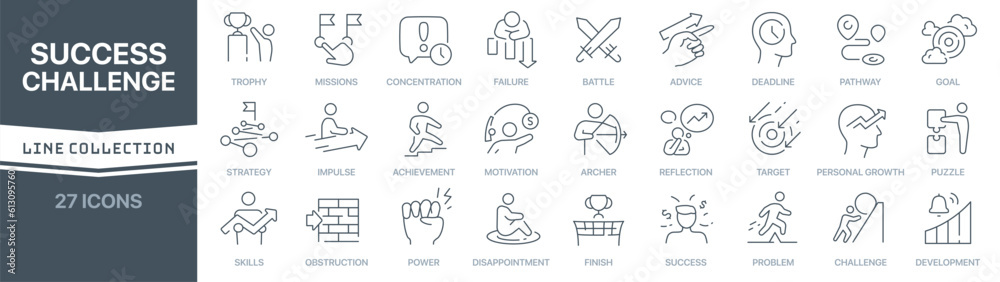 Success and challenge linear signed icon collection. Signed thin line ...