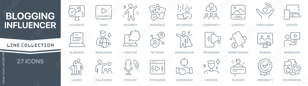 Blogging and influencer linear signed icon collection. Signed thin line ...