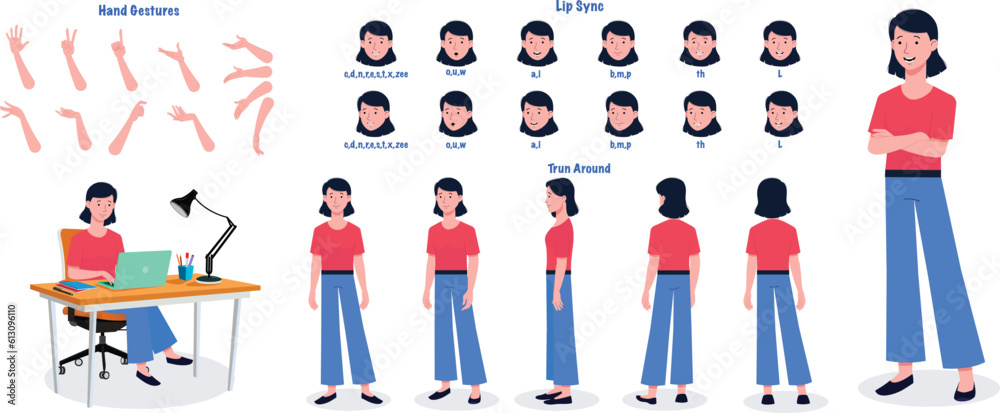 A Female model sheet. Woman creation set. Girl turnaround sheet, hand ...