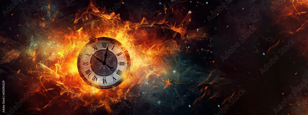 Abstract illustration of clock in flames on a dark background. Concept ...