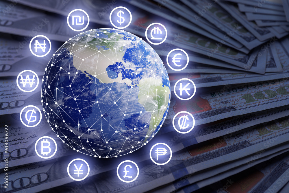 Money exchange. Dollar banknotes and illustration of planet surrounded ...
