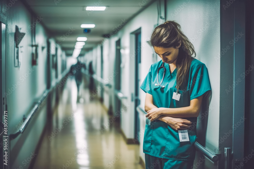Depressed nurse standing in corridor. Professional nurse standing in ...