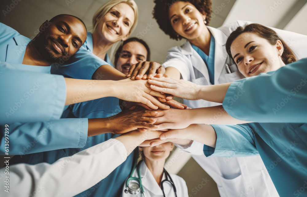 Multiethnic medical team stacking hands. Teamwork in hospital concept ...