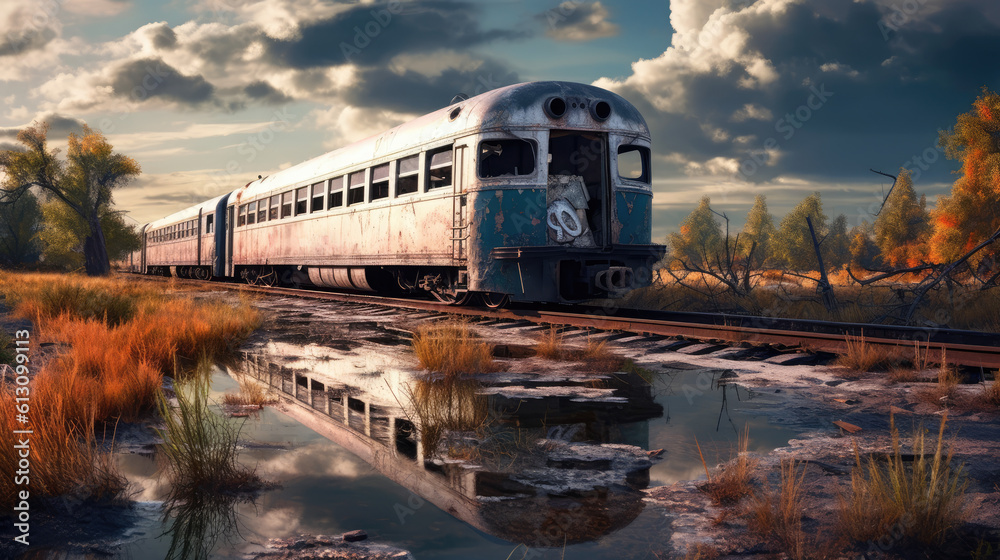 Train américain abandonné, témoignage du temps, avec reflet sur l'eau ...