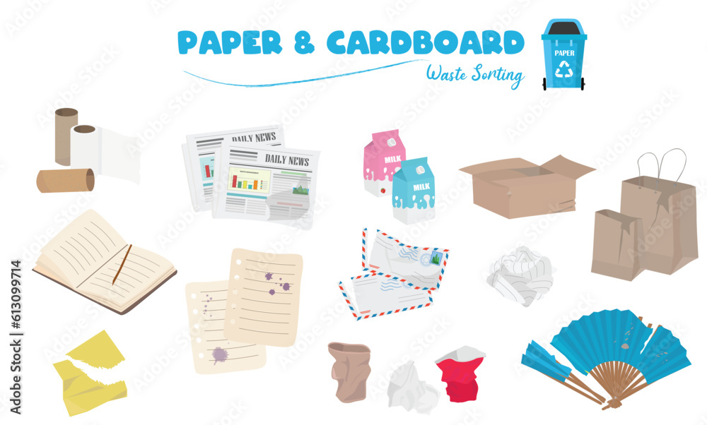 Paper waste vector set isolated on white background. Newspapers, boxes ...