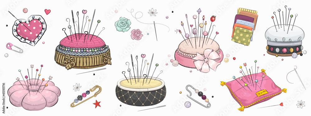 Set of hand drawn pin cushion, safety pin and sewing pin isolated on ...