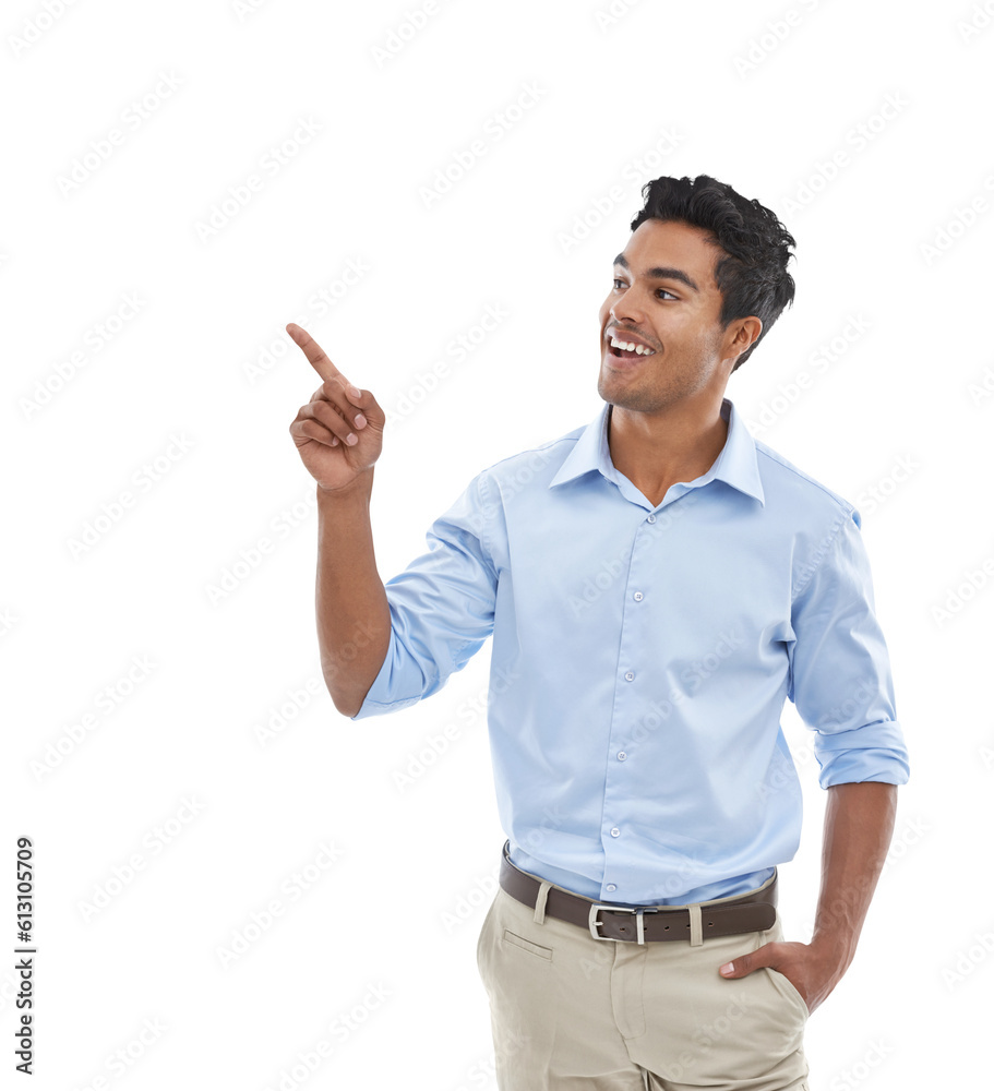 Pointing, marketing and young man in formal outfit for product ...