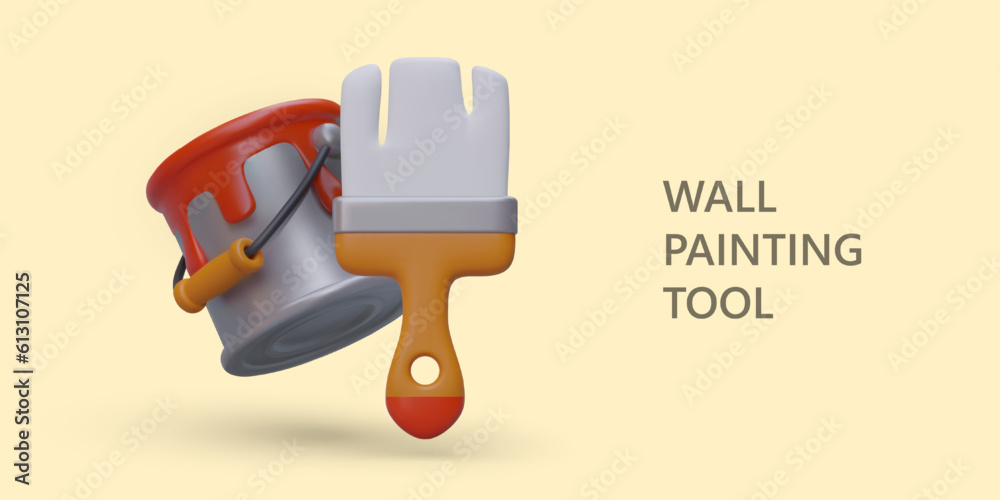 Time to paint walls. Color poster in cartoon style with 3D elements ...