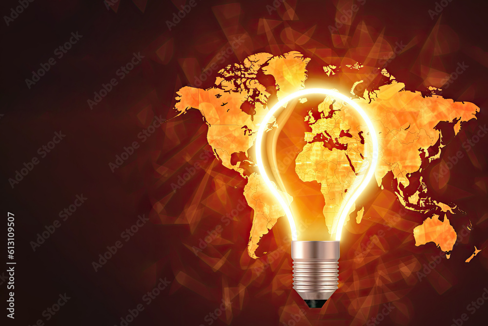 Abstract illustration incandescent bulb on world map in orange color on ...
