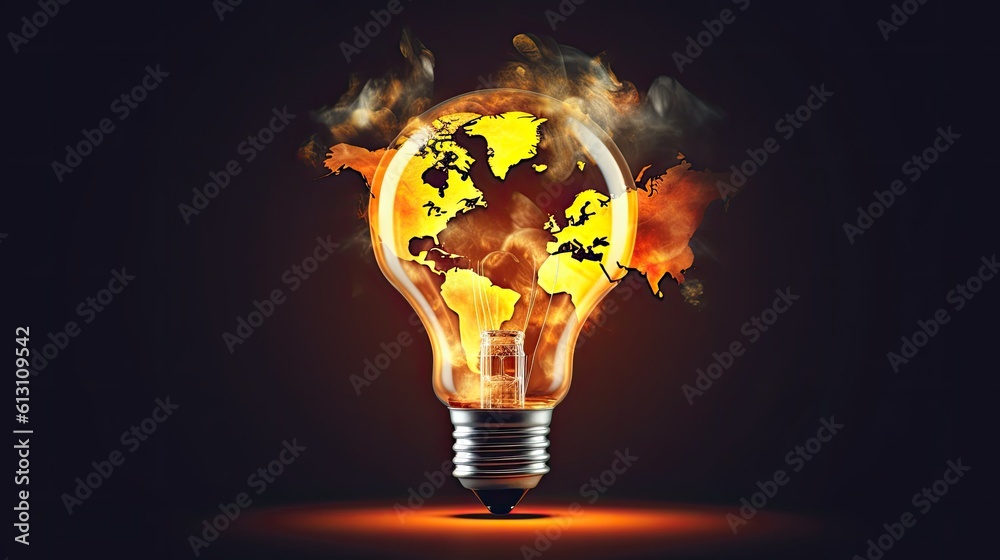 Abstract illustration incandescent bulb on world map in orange color on ...