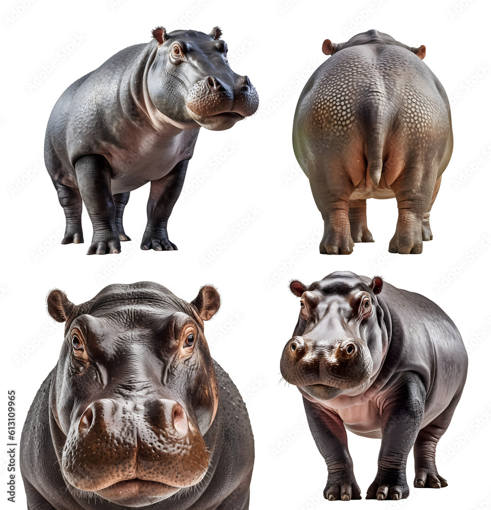 Hippo hippopotamus, many angles and view portrait side back head shot ...