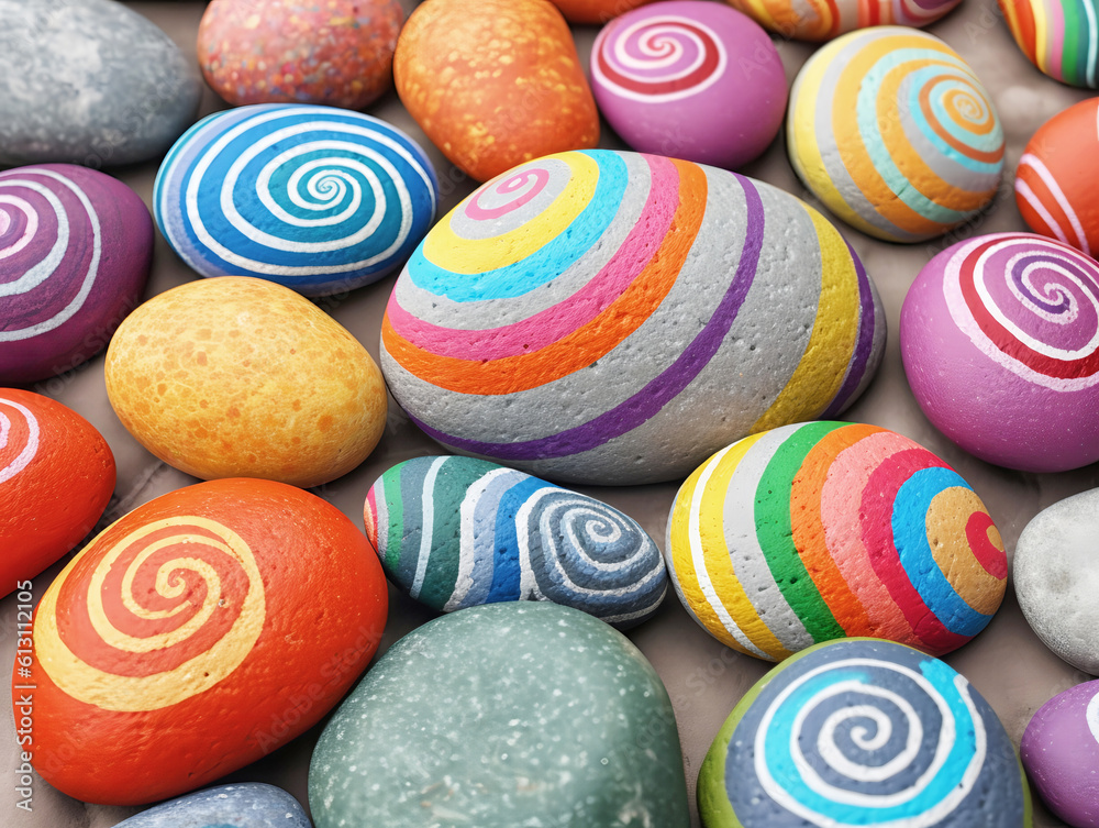 Painted round natural stones with decorated lines and patterns Stock ...