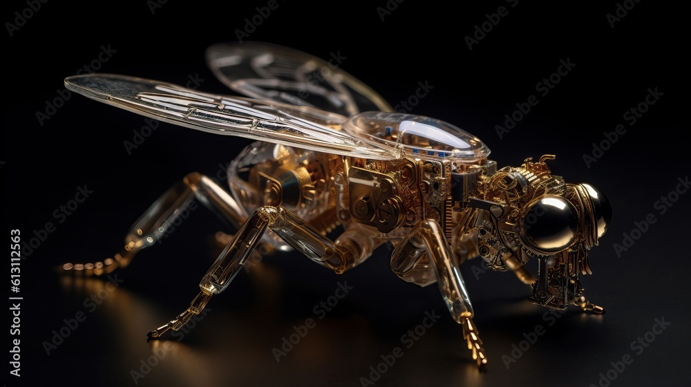 Mechanical robot - insect. Transparent plastic cyborg insect. Golden ...