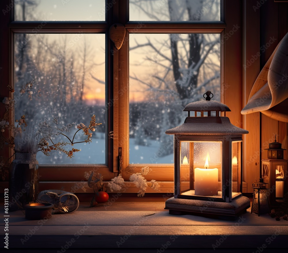 View through the window of a cottage into a snow-covered winter forest ...
