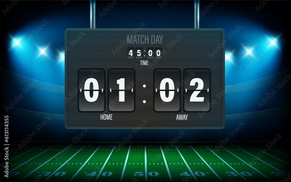 Illuminated football stadium with scoreboard. 3d vector illustration ...
