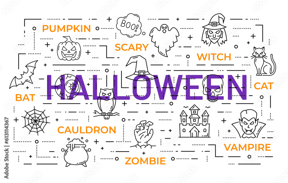 Halloween word cloud with holiday outline symbols. Vector background ...