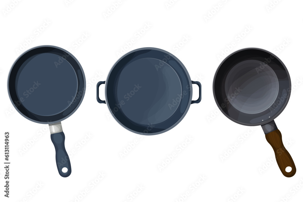 Set Frying pan top view kitchen cookware equipment in cartoon style ...