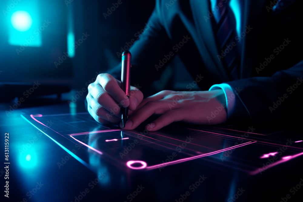 Businessman writing virtual glowing correct sign mark and document for ...