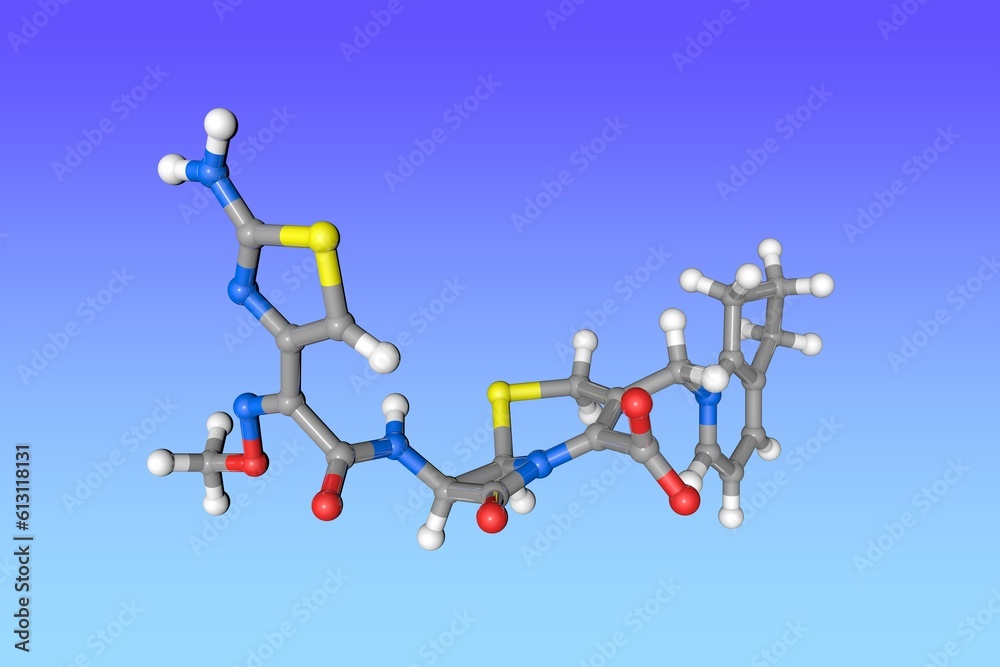 Cefpirome, antibiotic. Molecular model. Atoms are shown as spheres with ...