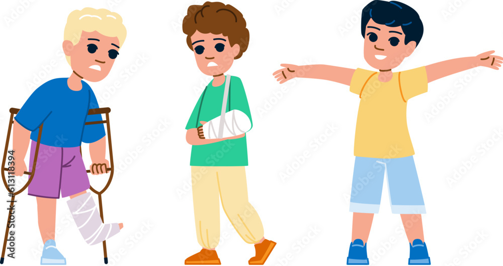 broken bone kid boy vector. child fracture, leg injured, arm accident ...