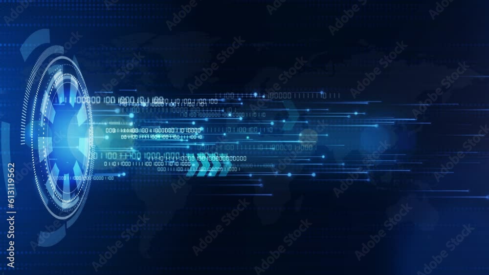 Technological hi-tech blue background with round HUD element. Moving bright rays of light with ...