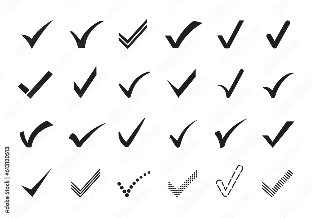 Check mark icons. Verification and approval marks, correct answer sign ...
