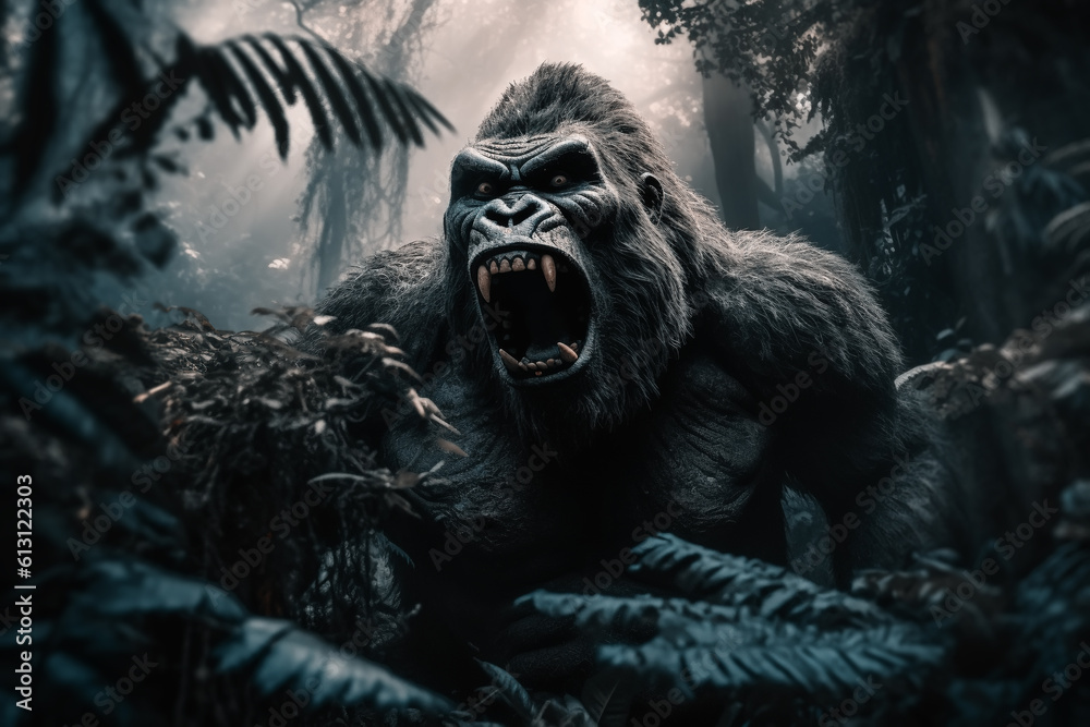 Screaming aggressive gorilla king kong in jungle, big monkey with open ...